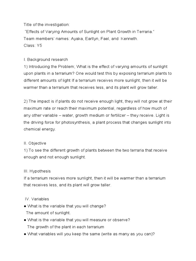 Science Project Proposal Year 5 . | PDF | Plants