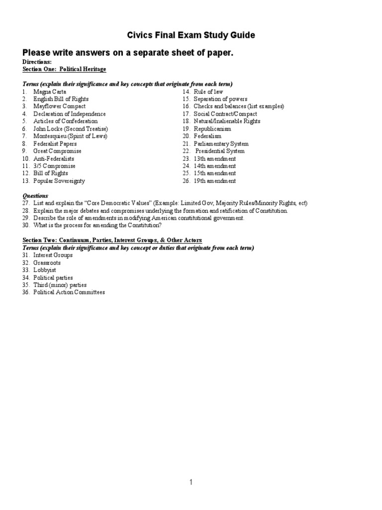 Study Guide Final Exam Civics V2 Pdf American Government