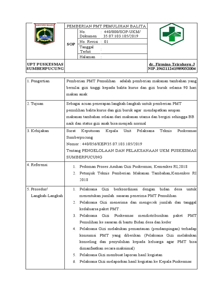 Sop Pemberian PMT Pemulihan Balita Kurus | PDF | Kesehatan Holistik