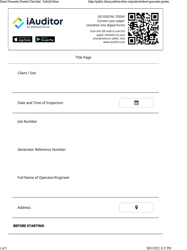 Diesel Generator Prestart Checklist - SafetyCulture | PDF | Diesel ...