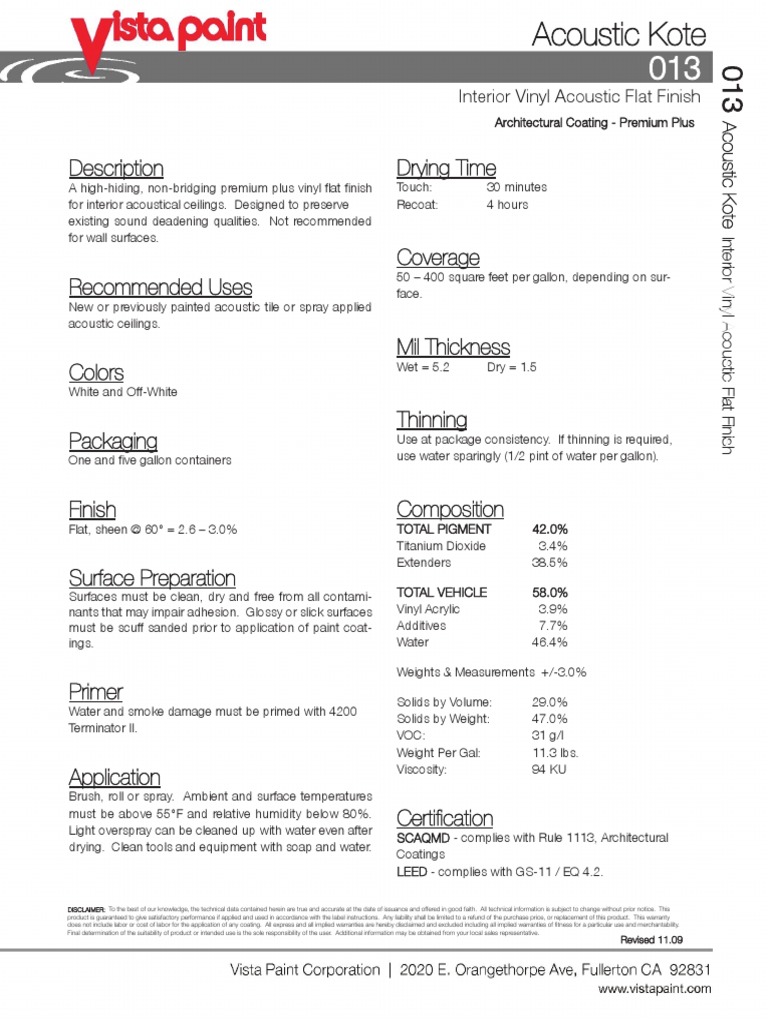Vista Paint Acoustic Kote | PDF | Paint | Materials
