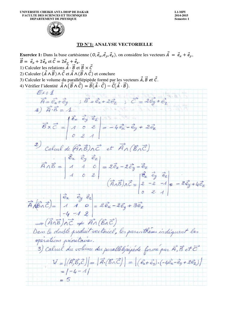 TD1 - Correction - Analyse Vectorielle 14-15-1 | PDF | Analyse vectorielle | Coordonnées ...