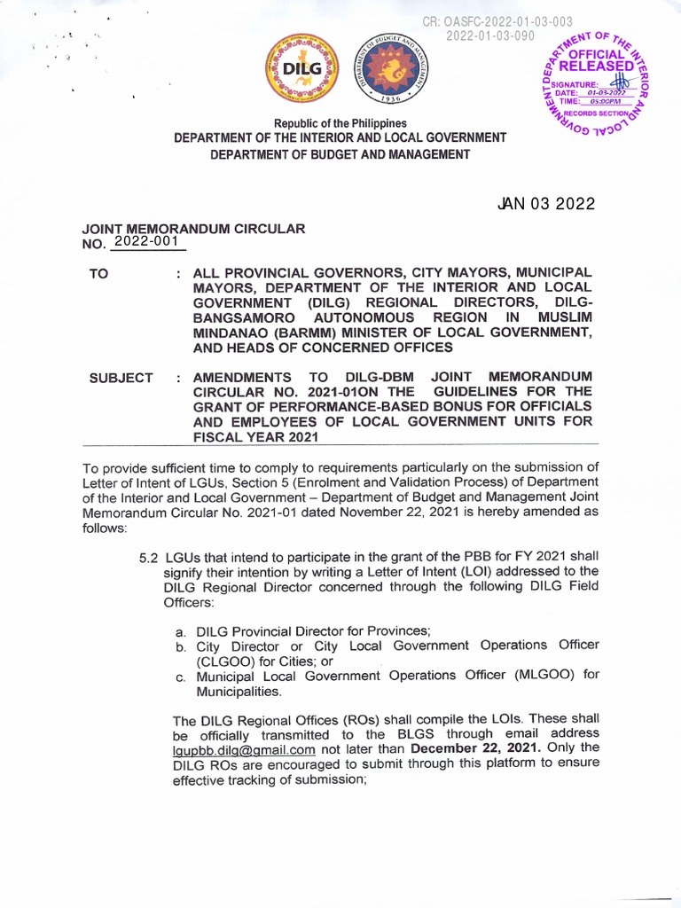 Dilg-Dbm JMC No. 2022-001 Amendments To Dilg-Dbm JMC No. 2021-01 On The Grant of PBB For ...