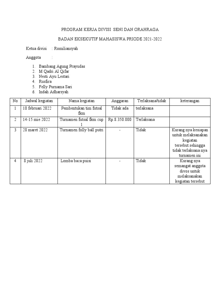 Program Kerja Divisi Seni Dan Orahraga | PDF