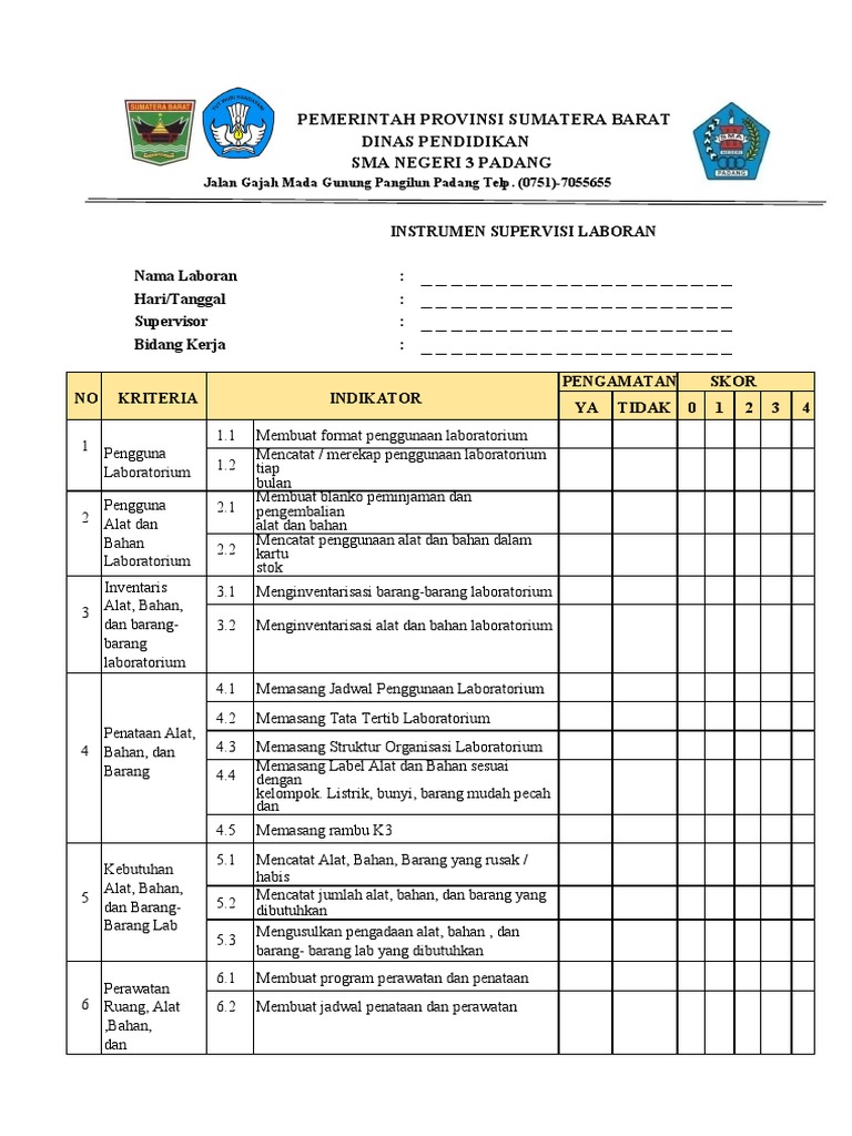 Instrumen Supervisi Laboratorium SMA | PDF