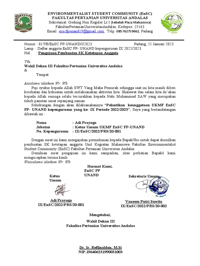 Surat Pengajuan Pembuatan SK Ke Dekanat Fiks | PDF