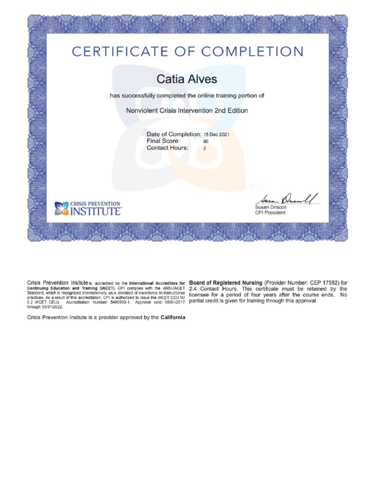 Nonviolent Crisis Intervention 2nd Edition Certficate | PDF