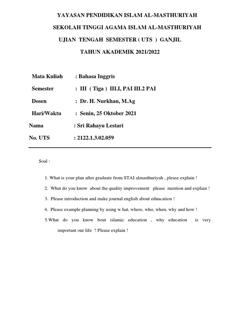 Sri Rahayu Lestari - PAI III.2 - UTS Bahasa Inggris | PDF | Employment ...