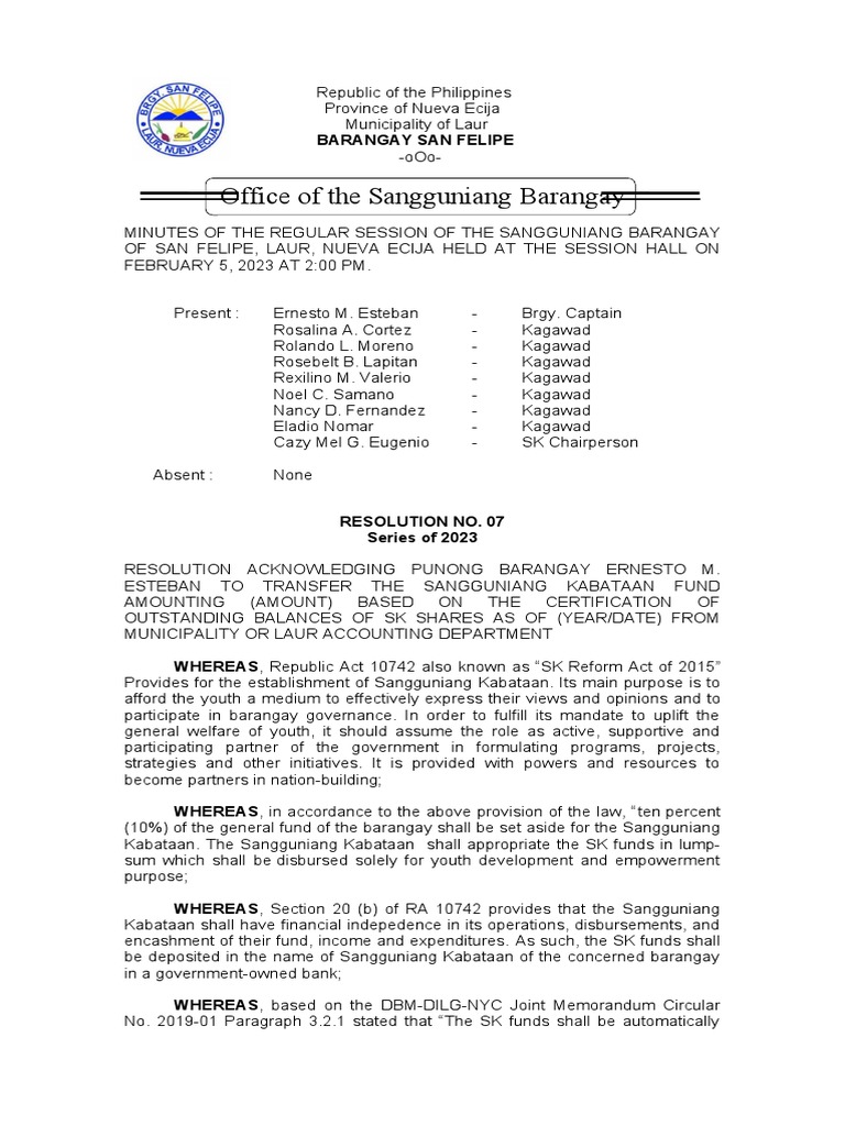Brgy. Reso Transfer of SK Funds | PDF | Government