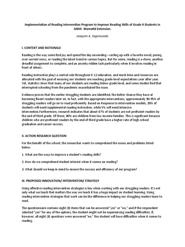 Reading Intervention for Grade 9 Students | PDF | School Counselor | Data
