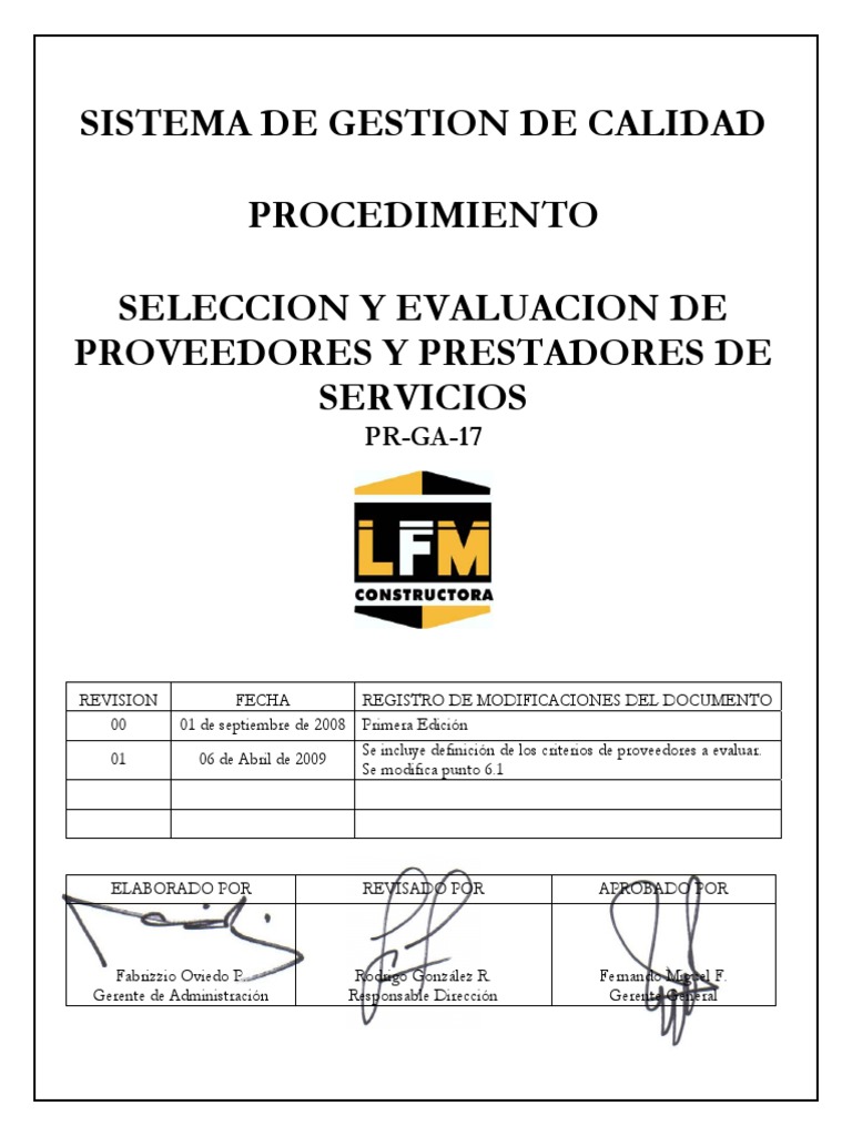 Pr-Ga-17 Seleccion y Evaluacion Proveedores y Prestadores de Servicios Rev.1 | PDF | Calidad ...