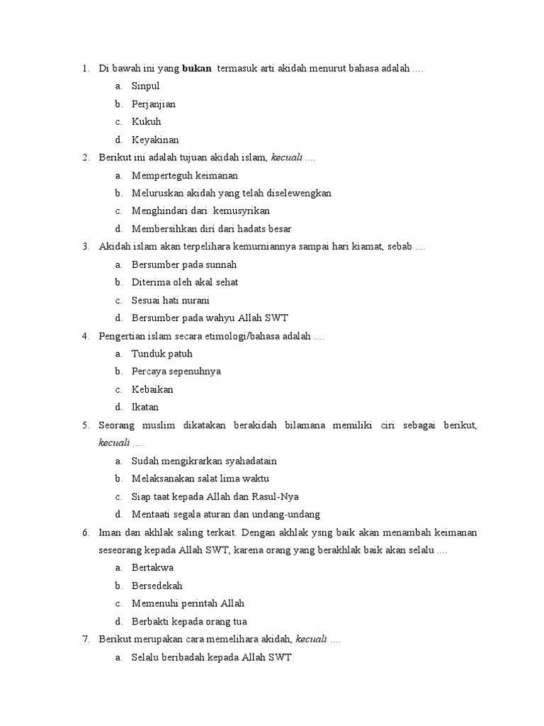 Soal Uts PG Dan Essay Akidah Akhlak Kelas Vii | PDF