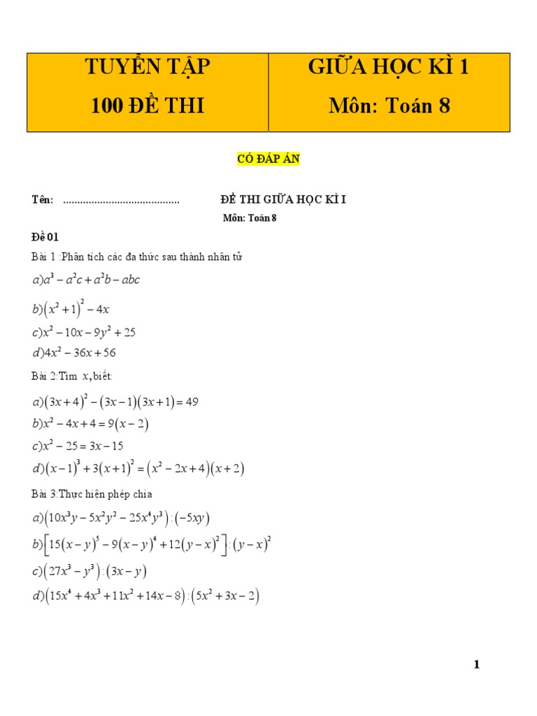100 Đề Thi GK1-Toán 8 | PDF