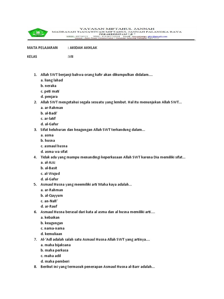 Soal PAS Akidah Akhlak Kls VII SMTR 2 (2021) . | PDF | Filsafat | Kajian Bahasa Asing