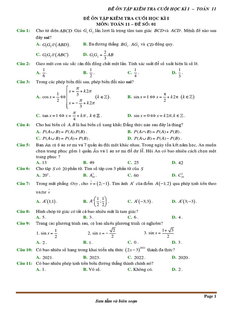 12 de On Tap Kiem Tra Cuoi Hoc Ki 1 Mon Toan 11 100 Trac Nghiem | PDF
