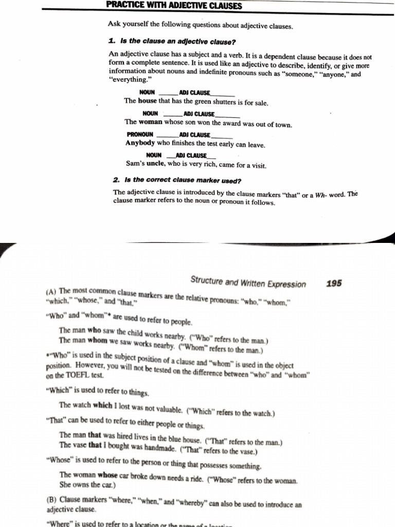 Adjective Clauses Practice Exercises | PDF | Verb | Clause