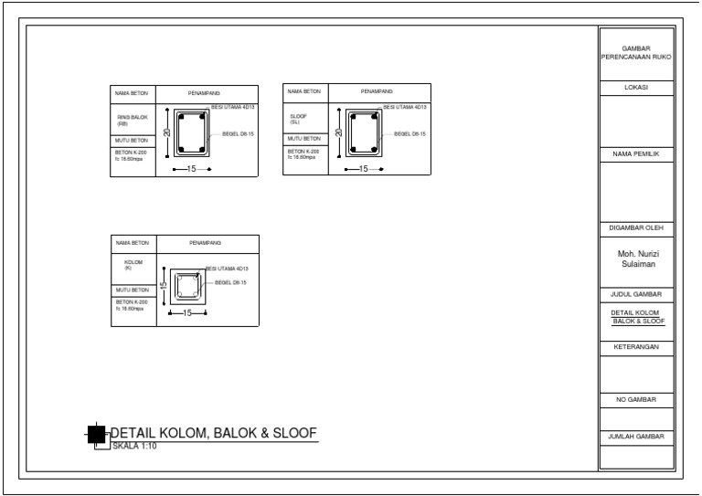 Detail Kolom, Balok & Sloof: Gambar Perencanaan Ruko | PDF