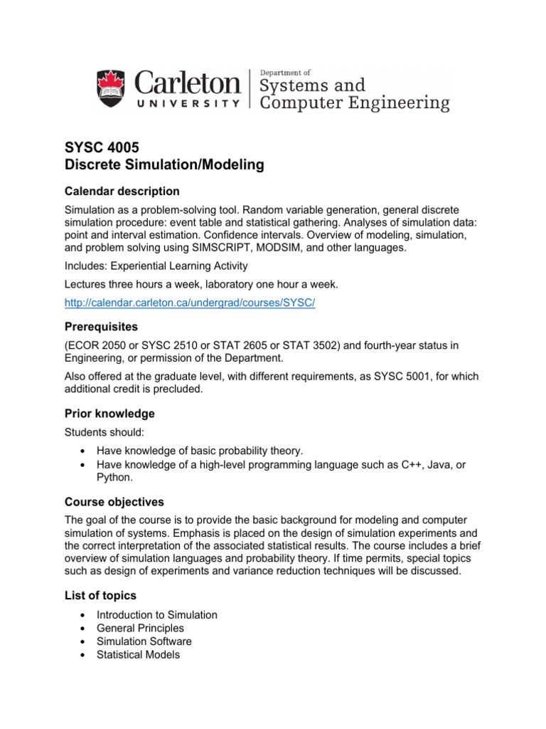 SYSC4005 Course Outline Winter 2023 | PDF | Simulation | Statistics