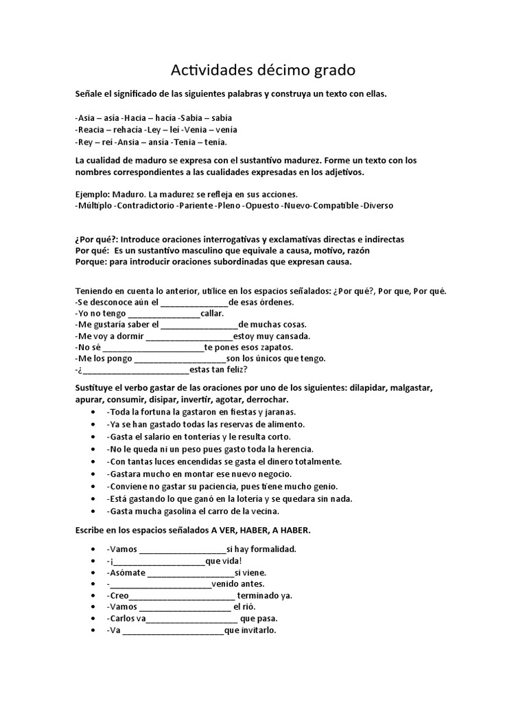 Actividades Décimo Grado | PDF | Gramática | Sintaxis