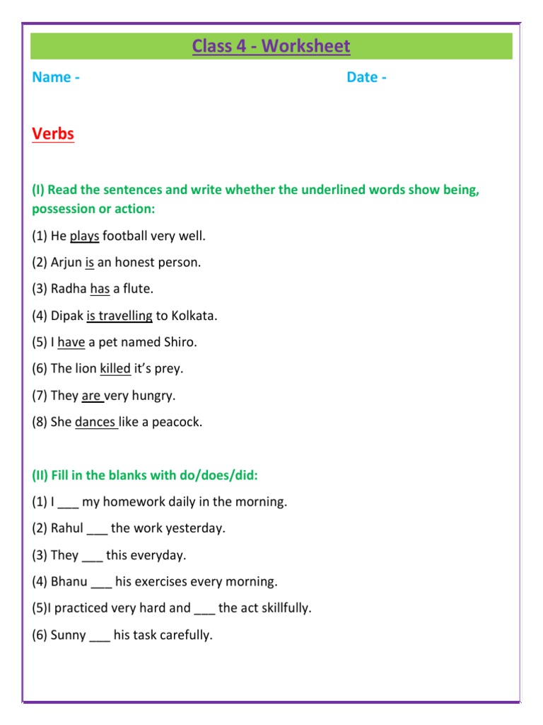 Verbs Class 4 Worksheet Net Explanations | PDF