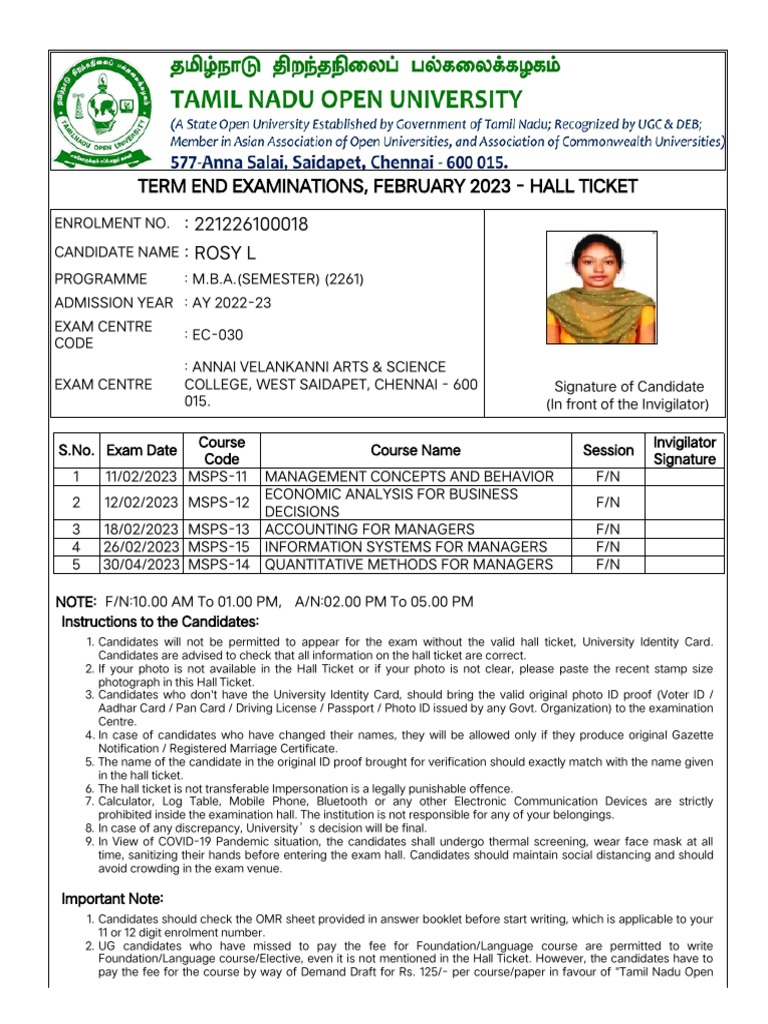 TNOU Hall Ticket | PDF | Identity Document