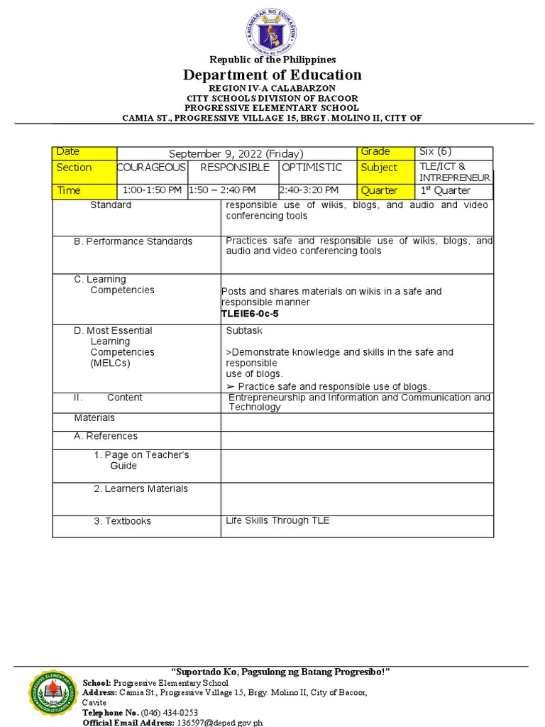 (Week 3 Day 5) Lesson Plan TLE 6 Q1 W1 MELC 1 | PDF | Blog | Wiki