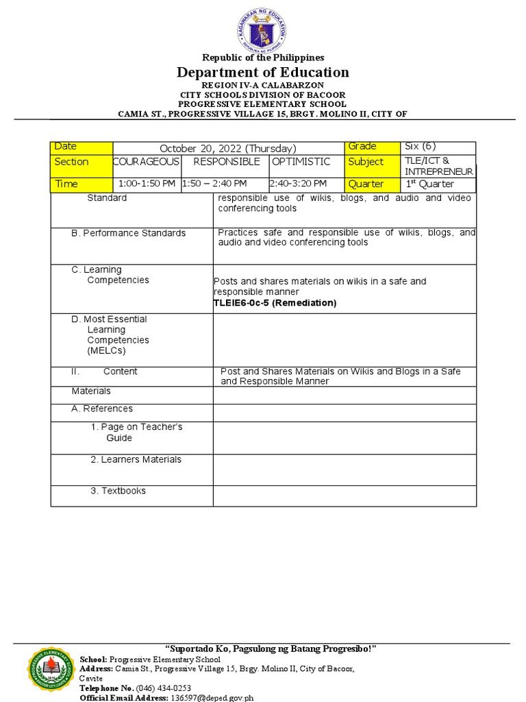 (Week 9 Day 4) Lesson Plan TLE 6 Q1 W1 MELC 1 Remediation | PDF | Wiki ...