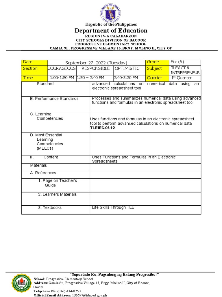 (Week 6 Day 1) Lesson Plan TLE 6 Q1 W1 MELC 1 | PDF | Spreadsheet ...