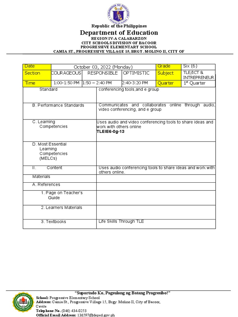 (Week 7 Day 1) Lesson Plan TLE 6 Q1 W1 MELC 1 | PDF | Conference Call ...