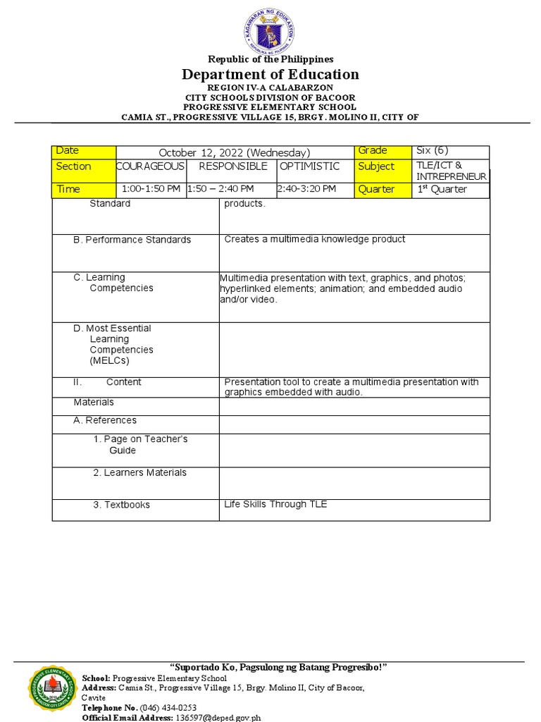 (Week 8 Day 3) Lesson Plan TLE 6 Q1 W1 MELC 1 | PDF | Multimedia ...