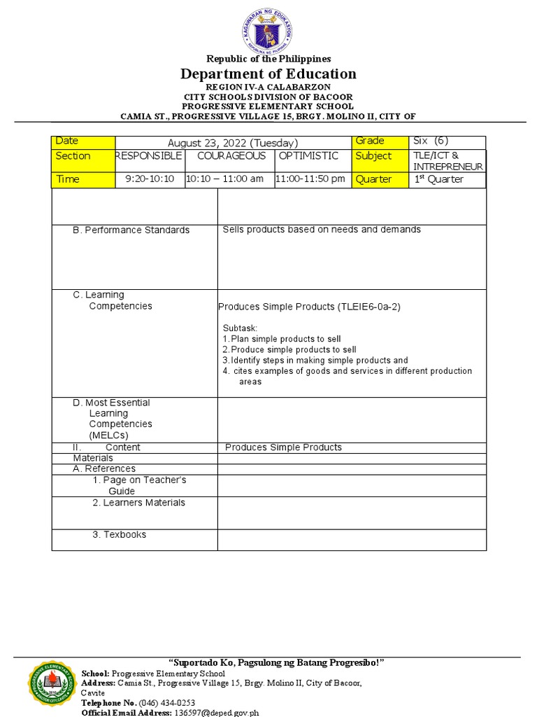 Lesson Plan TLE 6 Q1 W1 MELC 1 | PDF | Cognition | Learning