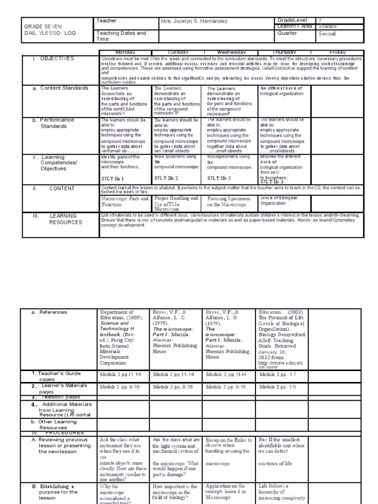 Grade 7 Science Lesson Plan | PDF | Learning | Microscope