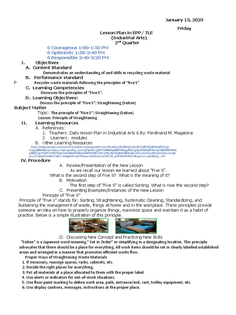 EPP/TLE 6 Lesson Plan: Five S Principles | PDF | Learning | Lesson Plan