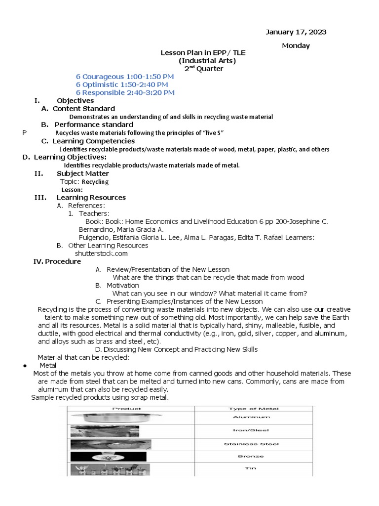 Recycling Lesson Plan for Grade 6 | PDF | Scrap | Metals