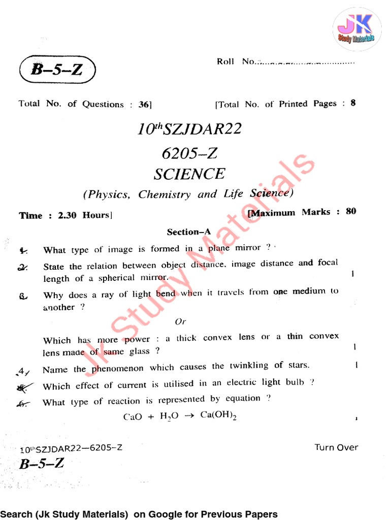 Last 10 Years Science 10th Class Question Papers | PDF | Chemistry | Mirror