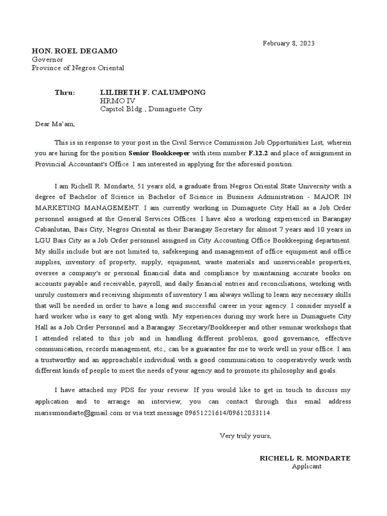 Application Letter PGO SR Bookeeper | PDF | Business | Business Economics