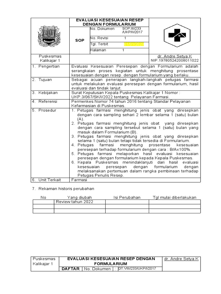 Farmasi Klinik - SOP Evaluasi Kesesuaian Peresepan Dengan Formularium | PDF
