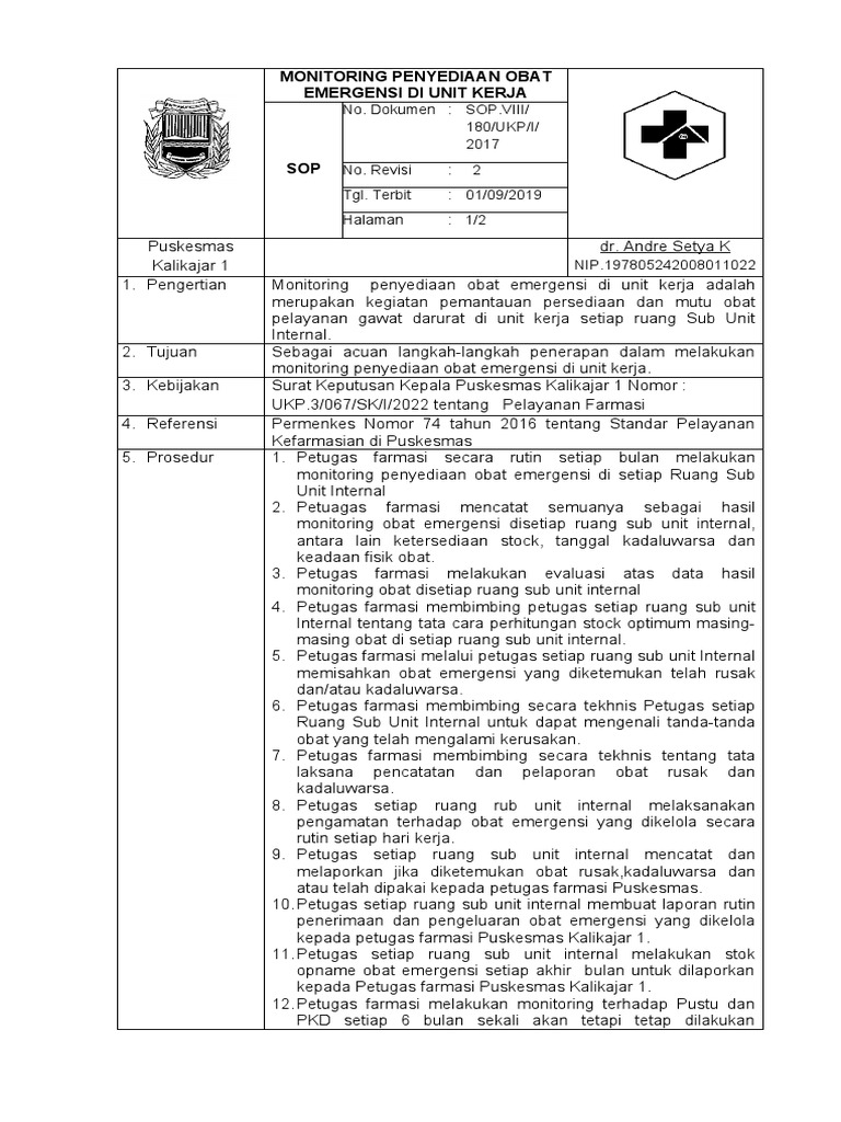 Pengelolaan Obat Emergensi - SOP MONITORING PENYEDIAAN OBAT EMERGENSI DI UNIT KERJA | PDF