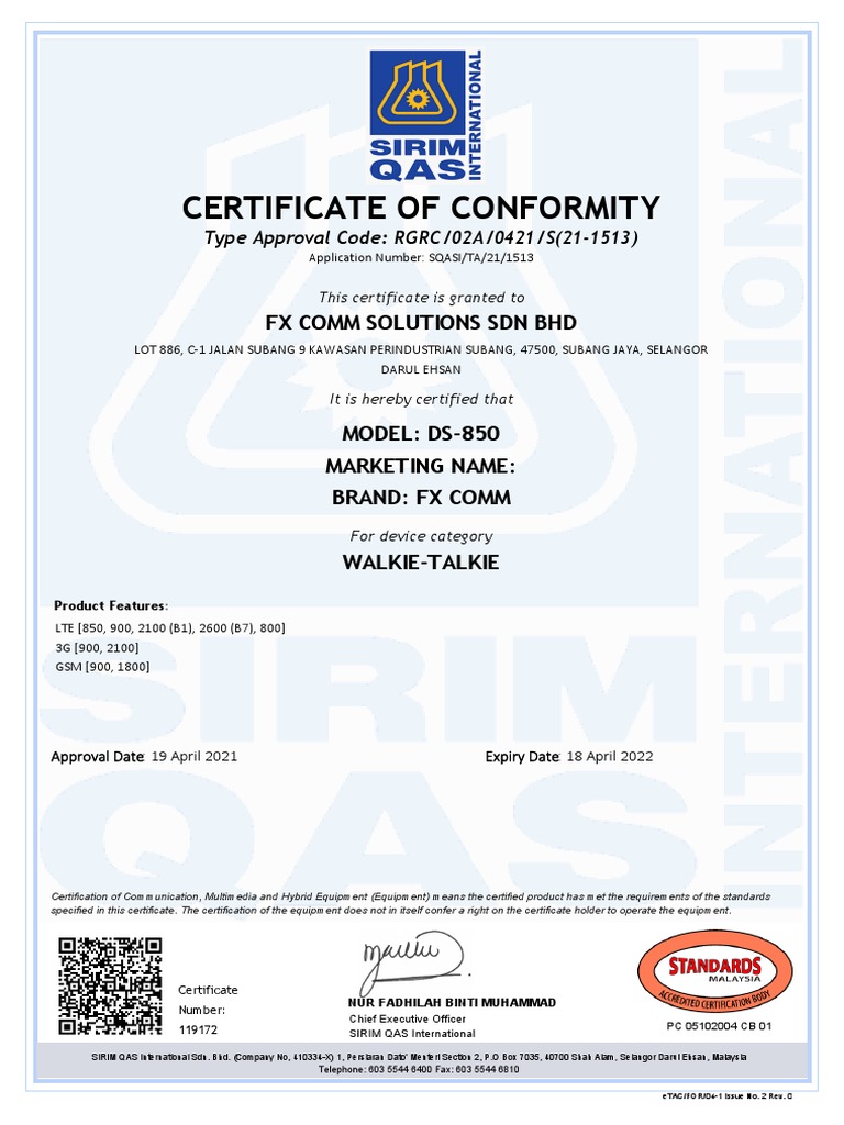 SIRIM Approval for FX COMM DS-850 | PDF | Mobile Telecommunications ...