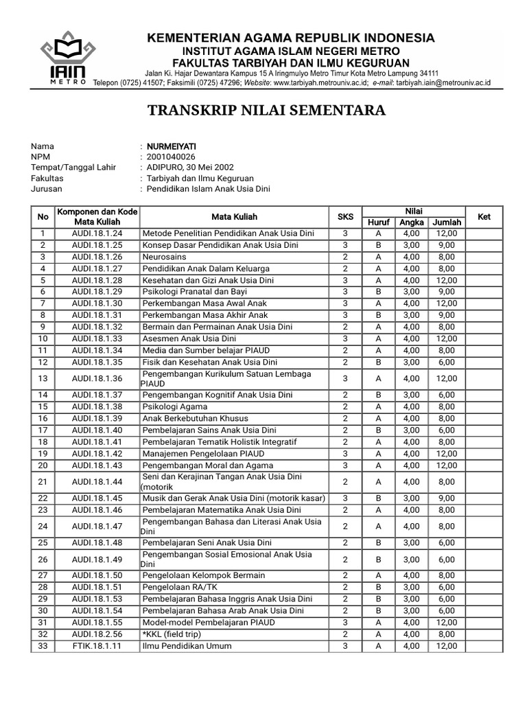 Cetak Transkrip Nilai Sementara | PDF