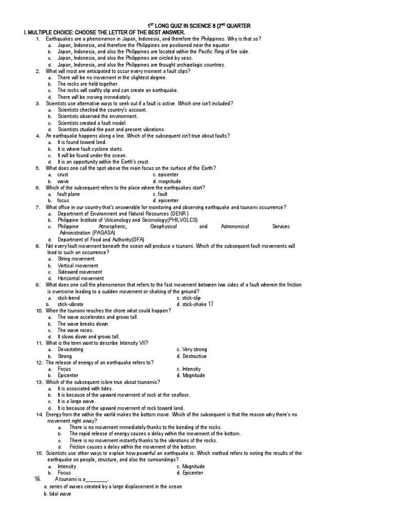 Science 8 Earthquake Quiz 2nd Quarter | PDF | Earthquakes | Tsunami