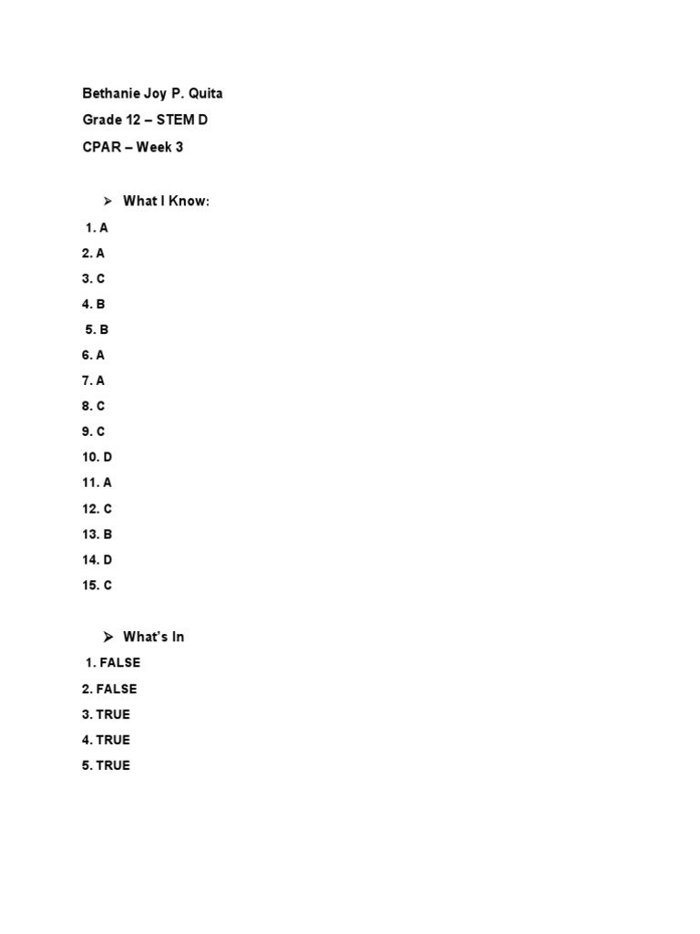 Grade 12 STEM CPAR Week 3 Summary | PDF | Career & Growth | Social Science