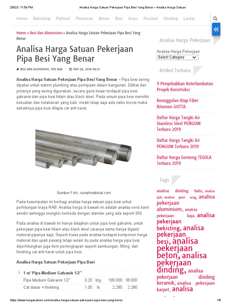Analisa Harga Satuan Pekerjaan Pipa Besi Yang Benar | PDF