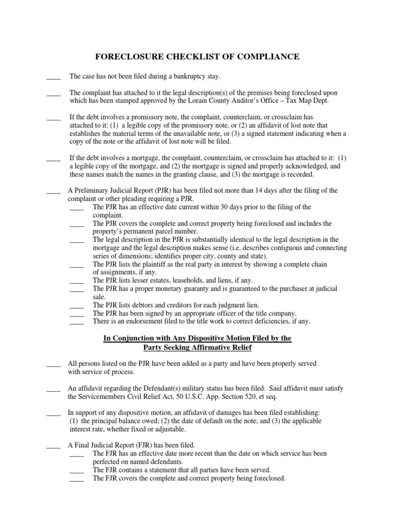 Foreclosure Checklist of Compliance | PDF | Foreclosure | Bankruptcy