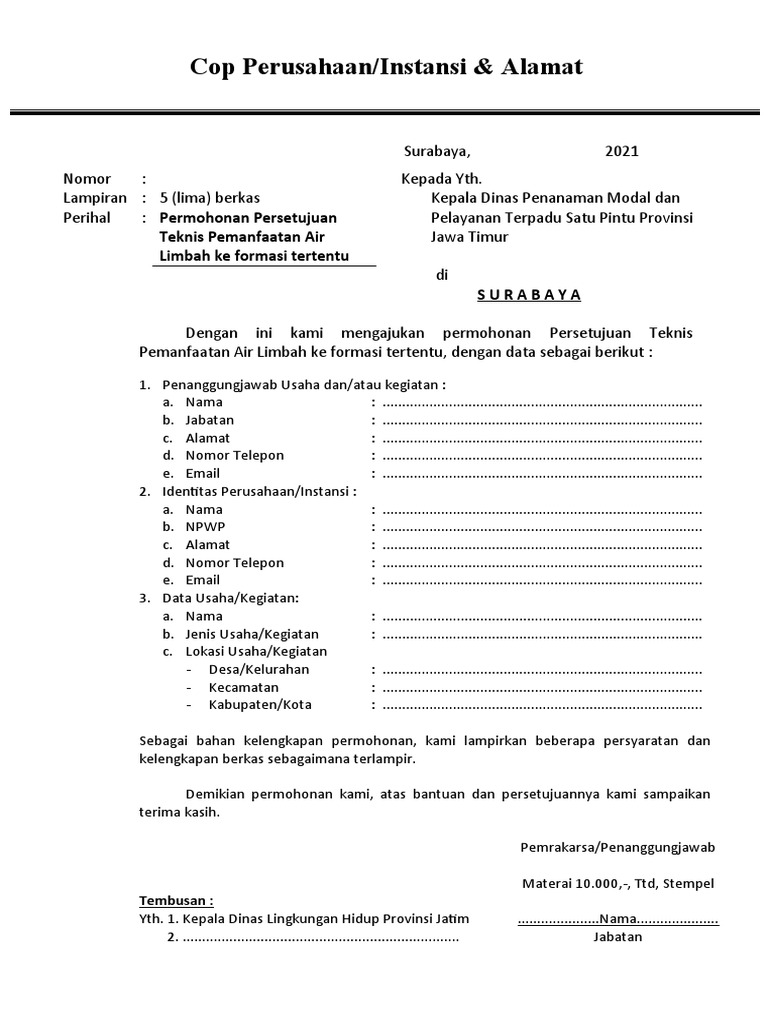 1c Surat Permohonan Pertek PEMANFAATAN Air Limbah Ke Formasi Tertentu ...