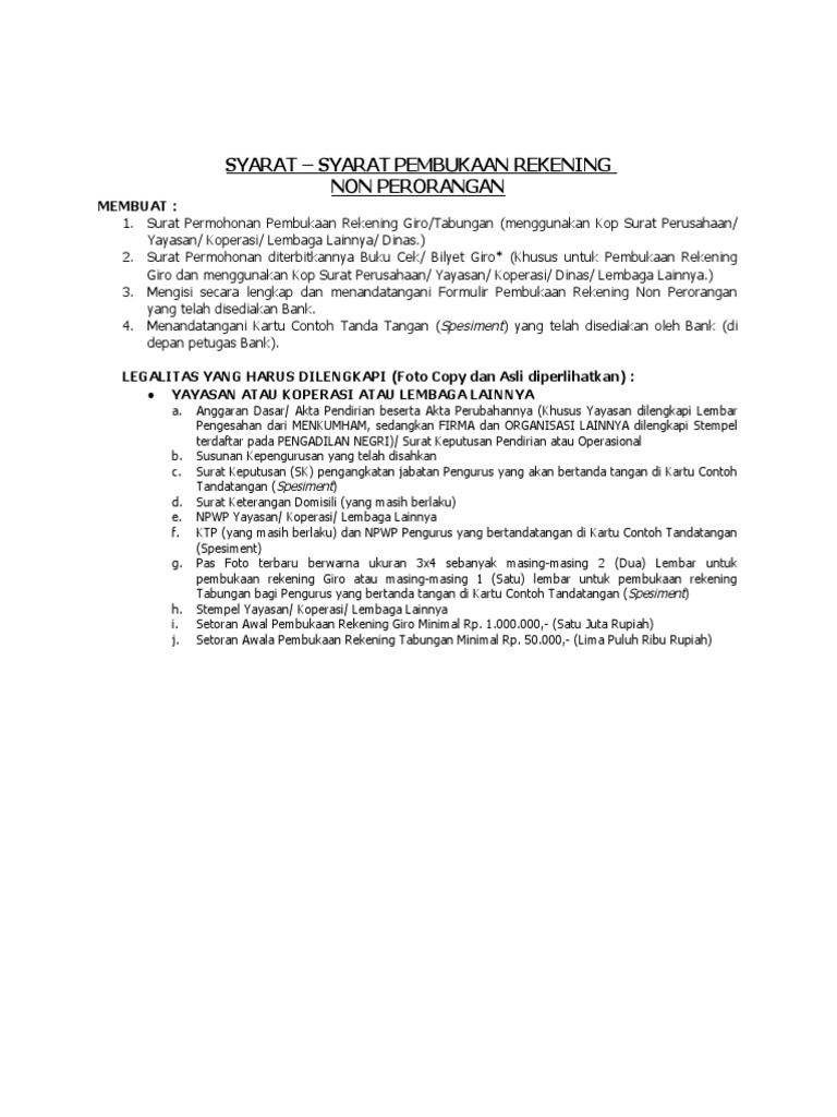 Syarat Syarat Pembukaan Rekening Non Perorangan Yayasan, Koperasi ...