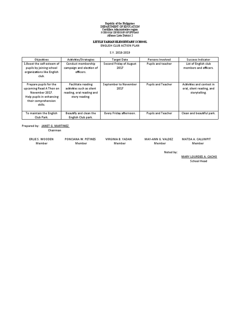 English Club Action Plan | PDF