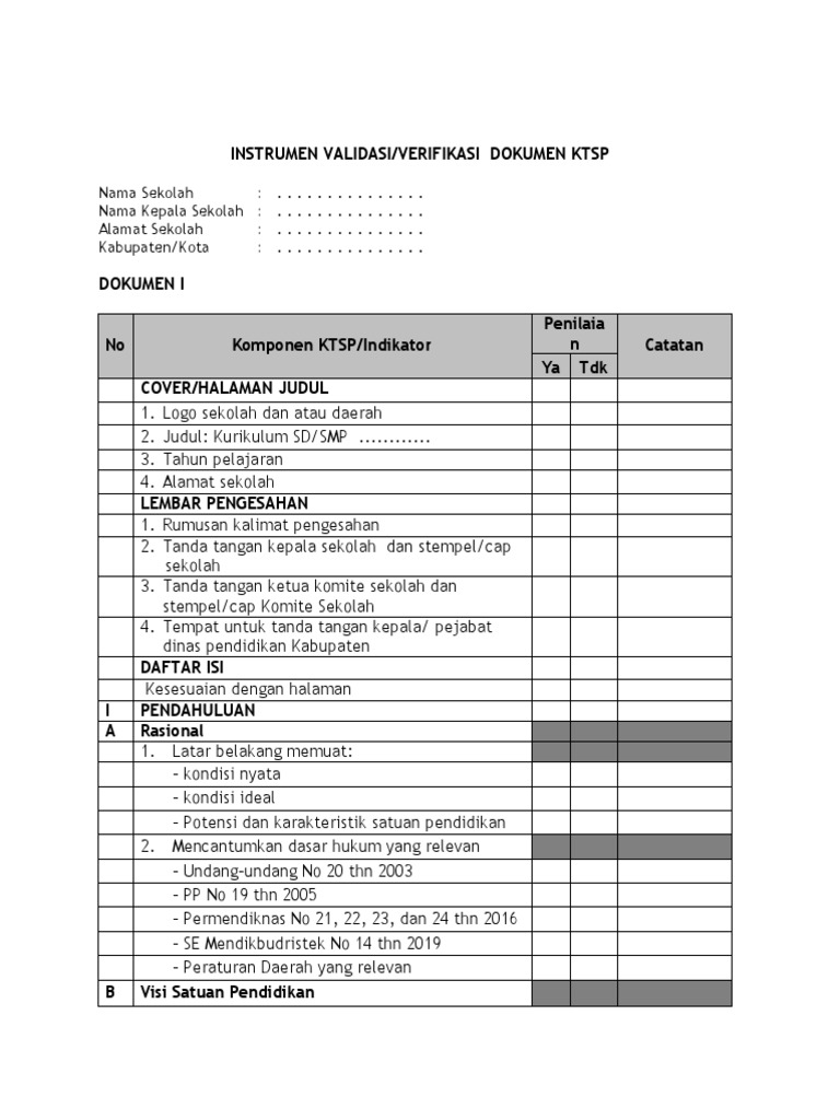 Instrumen Validasi Verifikasi Dokumen KTSP | PDF