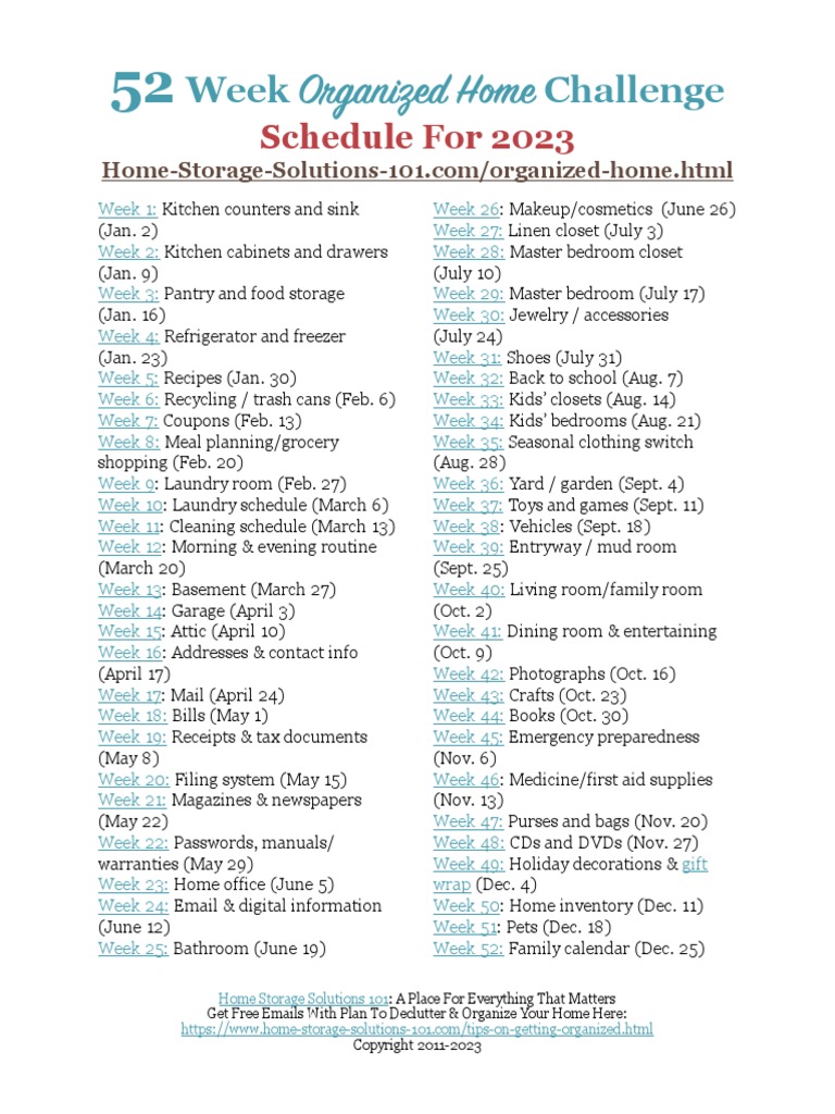 52 Week Organized Home List | PDF | Room | Home