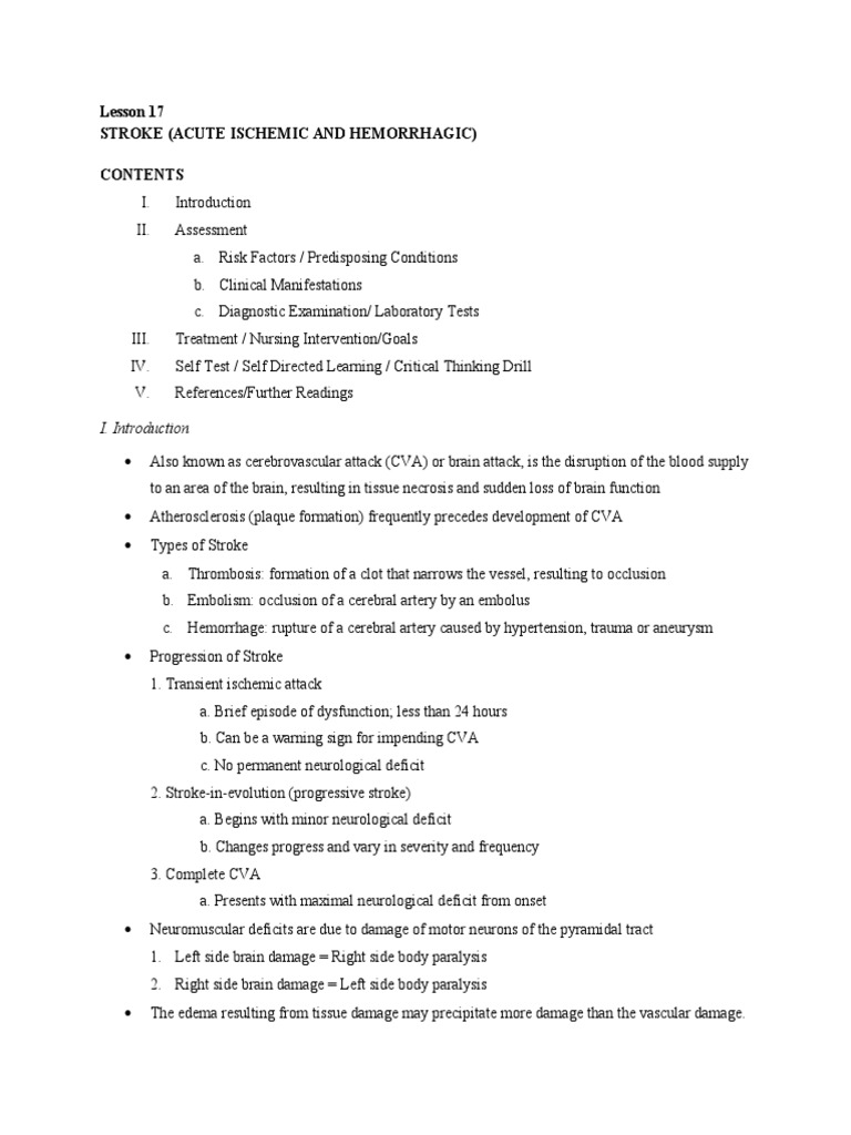 NCM 118 - Lesson 17 (Ishemic and Hemorrhagic CVA) | PDF | Stroke | Ischemia